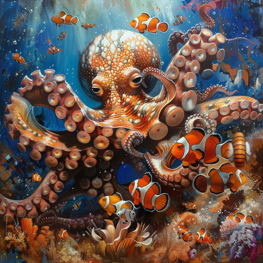 Playful octopus with clownfish, lively underwater scene – IMAGELLA
