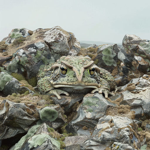 A toad blending into a rocky landscape in the style of Simen Johan ...