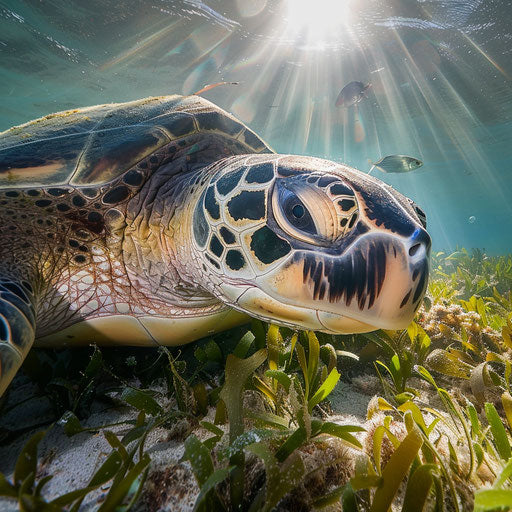 Green sea turtle feeding on seagrass in a sunlit bay – IMAGELLA