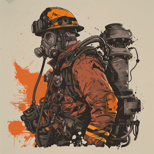 Firefighter with heavy machinery, steel gray and rust orange – IMAGELLA