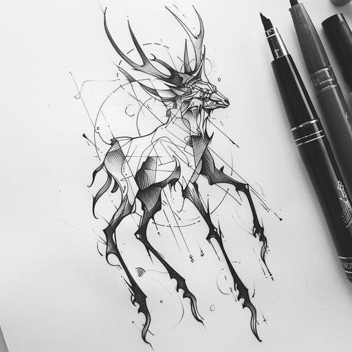 Contemporary flat tattoo sketch of a Wendigo with minimalist, geometric ...