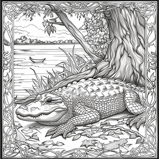 Resting alligator under tree by water. Coloring book – IMAGELLA