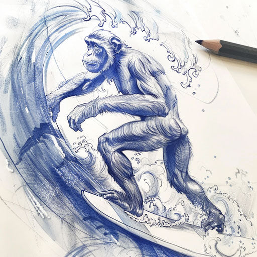 Sketch of a monkey surfing a wave, summer and sport themed tattoo with ...