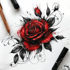 High-contrast tattoo sketch of a red rose with realistic details – IMAGELLA