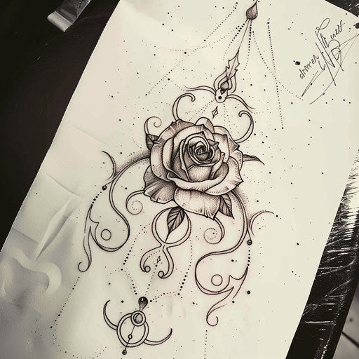 Flat tattoo sketch of a gypsy rose with elegant, flowing calligraphy ...