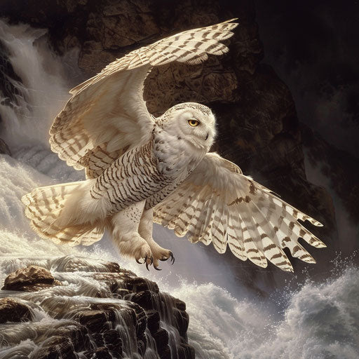 Spotted owl on windy cliff above thunderous river – IMAGELLA