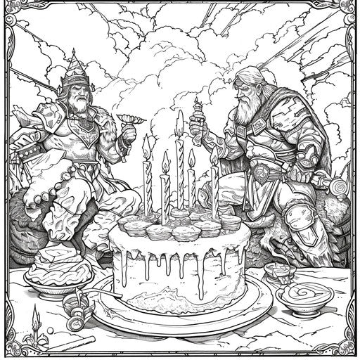 Heroic birthday cake scene with dramatic characters – IMAGELLA