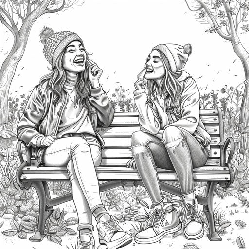 Detailed illustration of friends laughing together on a park bench ...