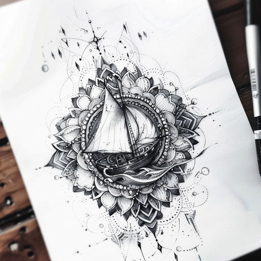 Detailed flat tattoo sketch with boat intertwined in an oceanic mandala ...