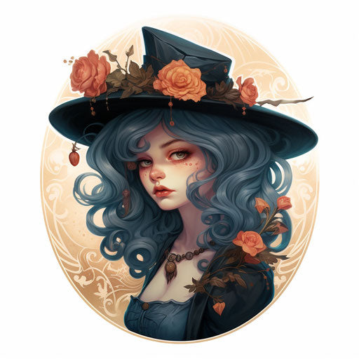 Art print of a witch with a hat and rosy hair, in the style of classic ...