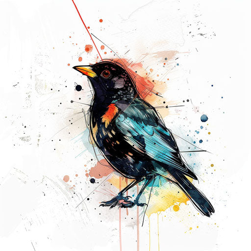 Contemporary flat tattoo sketch of a blackbird with abstract watercolor ...