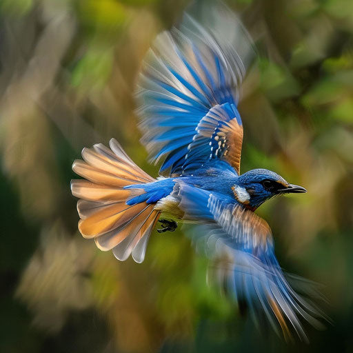Bluebird in flight with dynamic motion captured in the style of Will ...