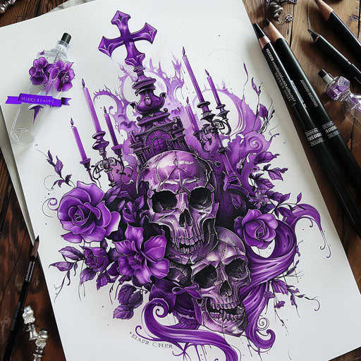 Violet horror-themed tattoo design with gothic elements – IMAGELLA