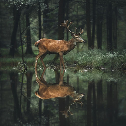 Deer with reflection in peaceful forest pond – IMAGELLA