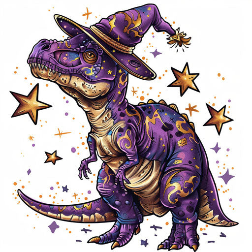 Whimsical flat tattoo sketch of a T rex wearing a wizard hat – IMAGELLA
