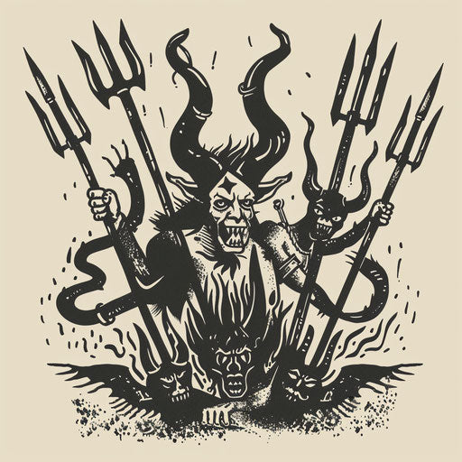 Traditional depiction of hell with devils and pitchforks – IMAGELLA