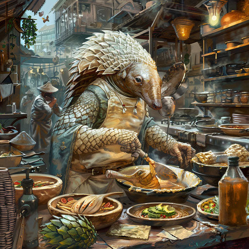 A pangolin chef in a bustling kitchen, cooking exotic dishes. – IMAGELLA