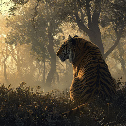 The tranquil beauty of a Sunda tiger sitting at the edge of a forest ...