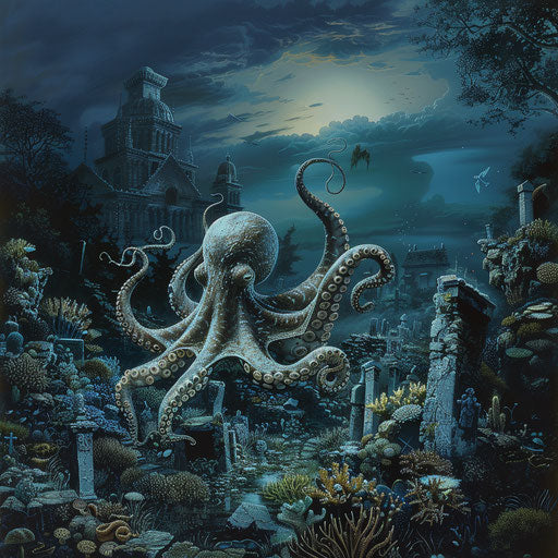 Ghostly octopus over a coral graveyard at twilight – IMAGELLA