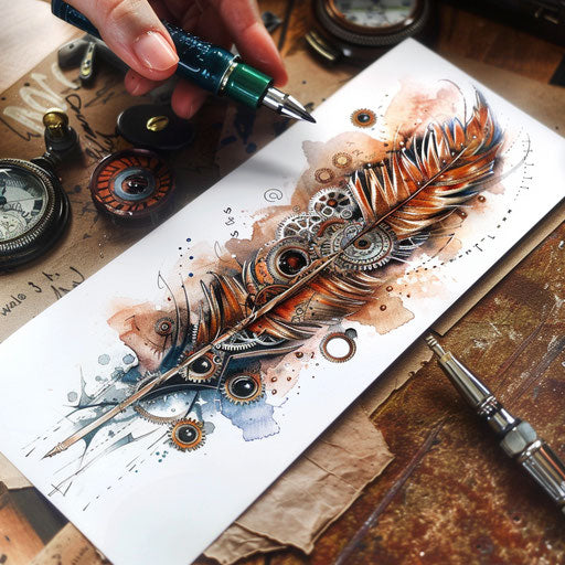 Steampunk feather tattoo concept with mechanical gears and copper ...