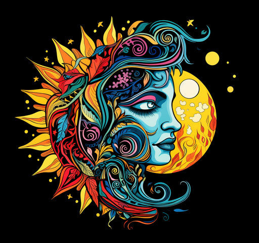 Colorful sun and moon tattoo black white ink portrait – IMAGELLA