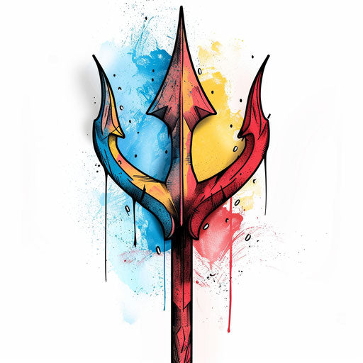Cartoonish trident tattoo design in bright primary colors – IMAGELLA