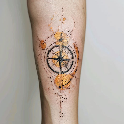 Artistic true north tattoo with abstract compass, splashes of gold and ...