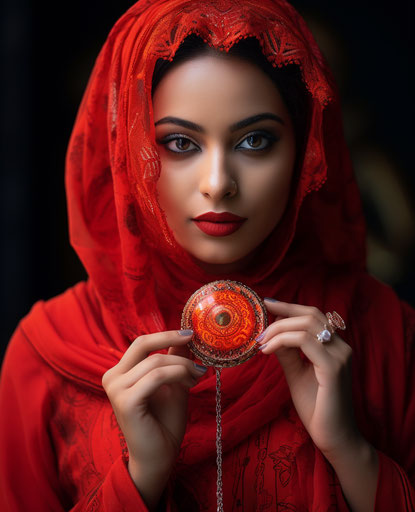 Portrait of a girl in red muslim attire posing for a photo – IMAGELLA
