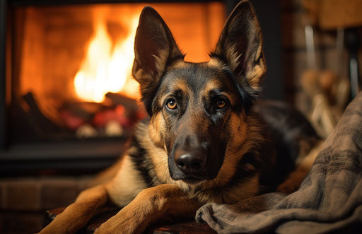 Beautiful German Shepherd Dog at Home by the Fire, Exaggerated Facial ...