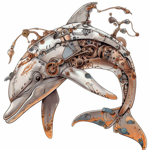 Steampunk dolphin tattoo with mechanical elements and copper tones on ...