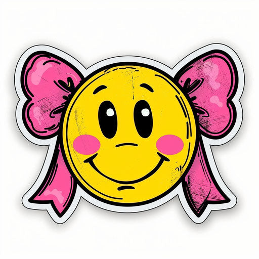 Yellow smiling face with a pink bow sticker, trenchcore style – IMAGELLA