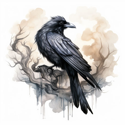 Raven on branch, classic tattoo style, smoke, dark tones – IMAGELLA
