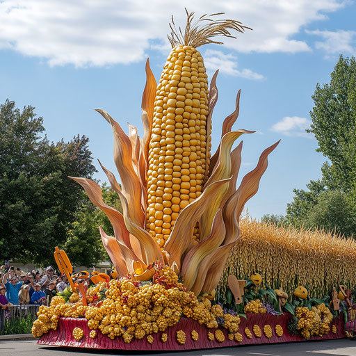 Parade float of a giant corn-on-the-cob with golden kernels, surrounded ...