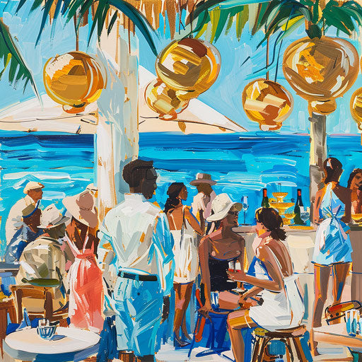 Chic beach bar scene with stylish decor and lively crowd – IMAGELLA