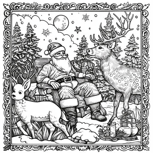 Christmas scene with Santa and reindeer in the style of Jan Brett ...