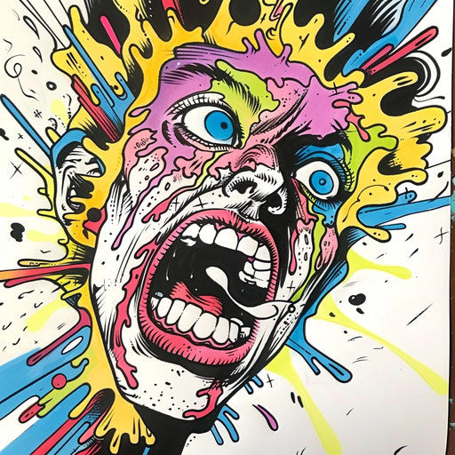 Flat pop art tattoo sketch with chaotic burst of colors in comic style ...