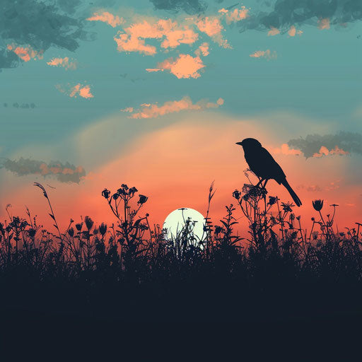 Tranquil sunset scene with wall creeper bird silhouetted over wild ...