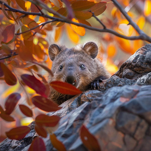 Wombat peeking from behind a rock, autumn foliage – IMAGELLA