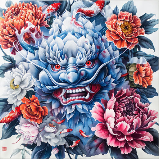 Oni face surrounded by peonies and koi fish, colorful irezumi – IMAGELLA