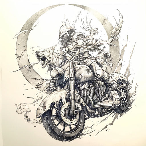 Fantasy motorcycle tattoo design with mythical creatures and a mystic ...
