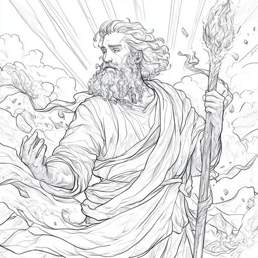 Moses with glowing, mystical elements, Mamoru Hosoda style, coloring ...