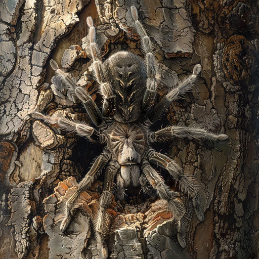 Tarantula climbing a tree with intricate bark patterns – IMAGELLA