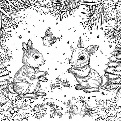 Winter wonderland with cute animals in the style of a Jan Brett ...