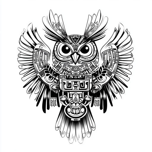 Sketch of owl neck tattoo with Aztec-inspired designs and symbols ...