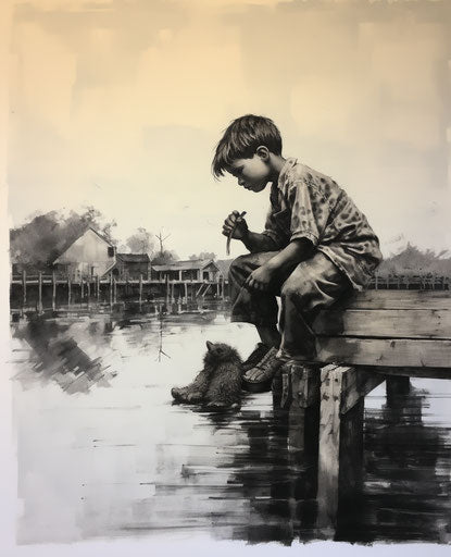 Two boys playing fishing on the dock, in the style of meticulous inking ...