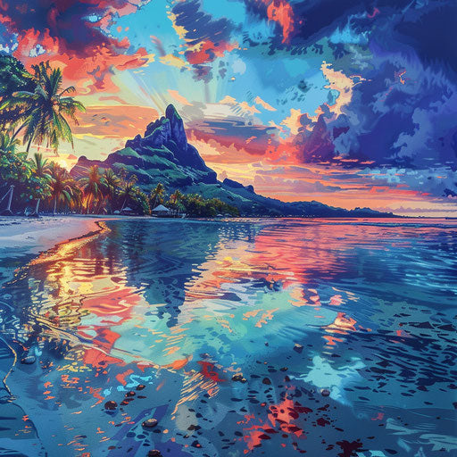 Bora Bora beach at sunset with vibrant colors reflecting on the ocean ...