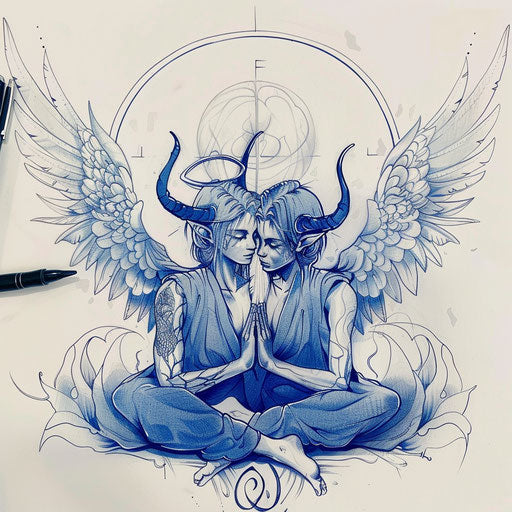 Tranquil flat tattoo sketch of an angel and devil meditating – IMAGELLA