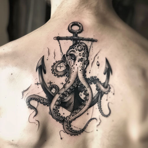 The fierce Kraken and the wrapped anchor, inked in dark style on white ...
