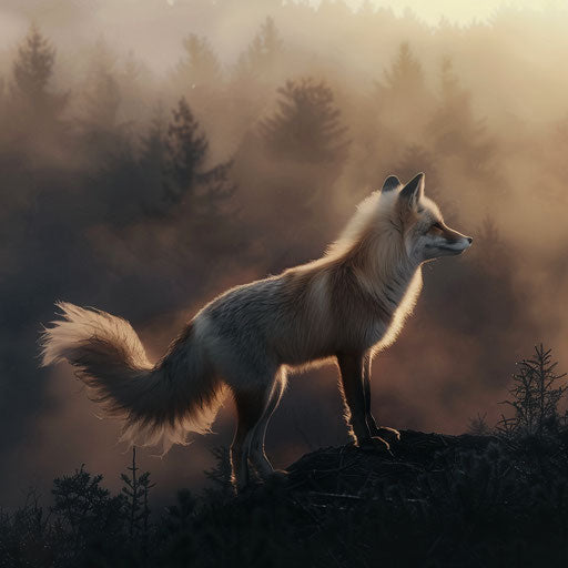 White tail fox on hill overlooking misty forest at dawn – IMAGELLA