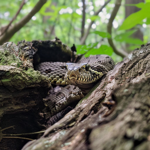 Rattlesnake emerging from hollow log in lush forest – IMAGELLA